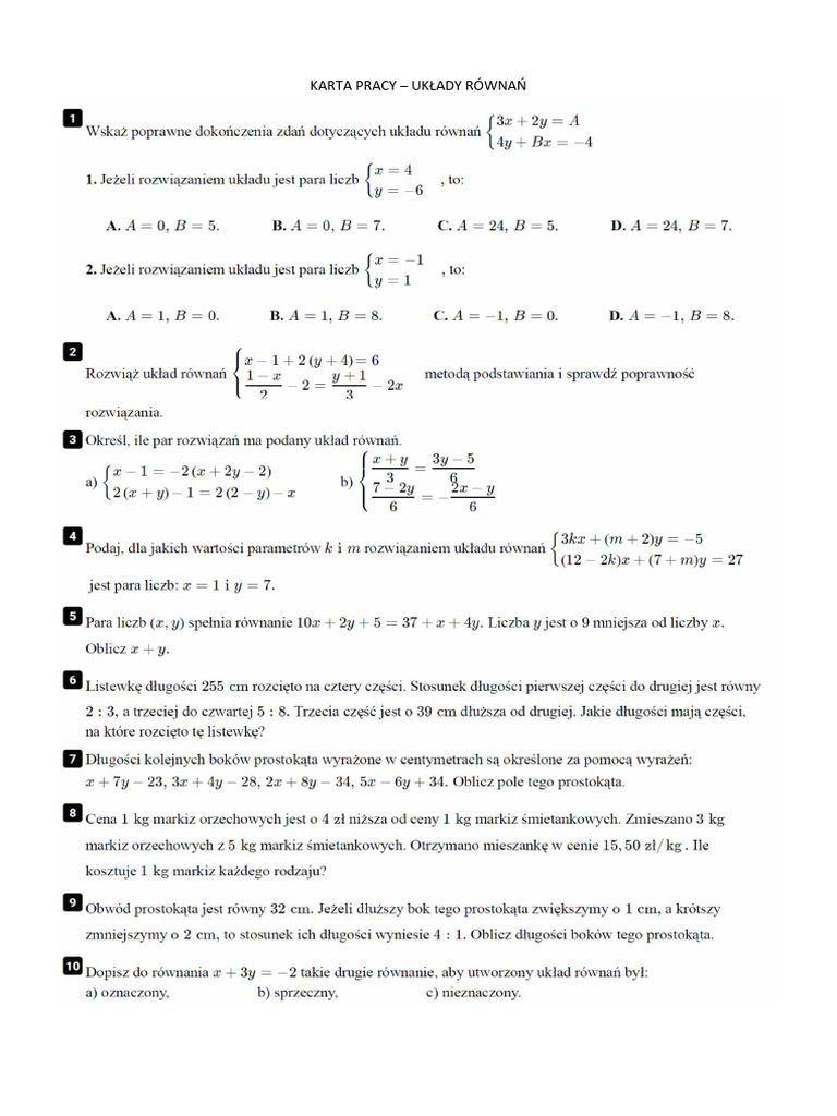 Karta Pracy - Układy Równań 1a | PDF