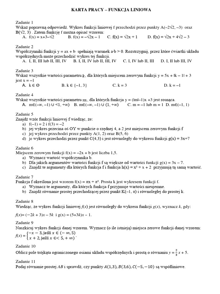 Karta Pracy - Funkcja Liniowa 1a | PDF