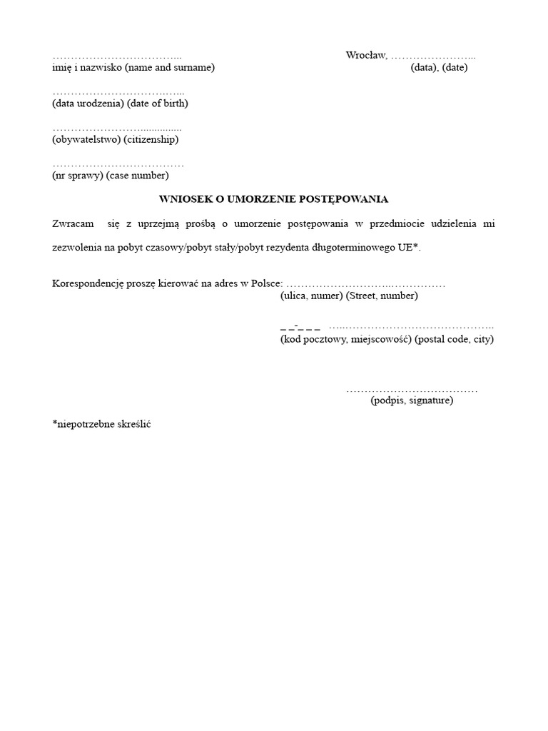 Wniosek o Umorzenie Postepowania Karta Pobytu Wroclaw | PDF Wniosek o Umorzenie Postepowania Karta Pobytu Wroclaw | PDF