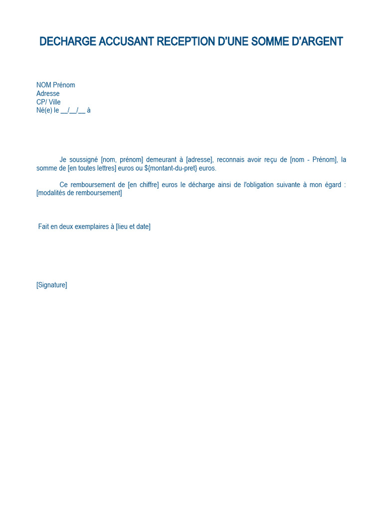 Modele de Lettre de Decharge D Une Somme D Argent Liquide Especes ...
