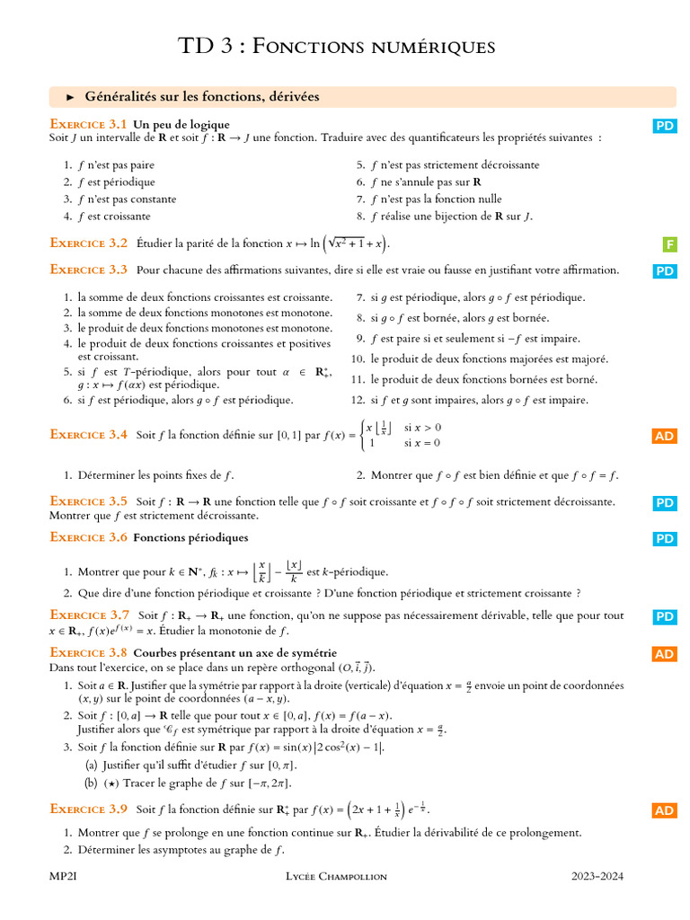 TD 3: Fonctions Numériques: Généralités Sur Les Fonctions, Dérivées | PDF