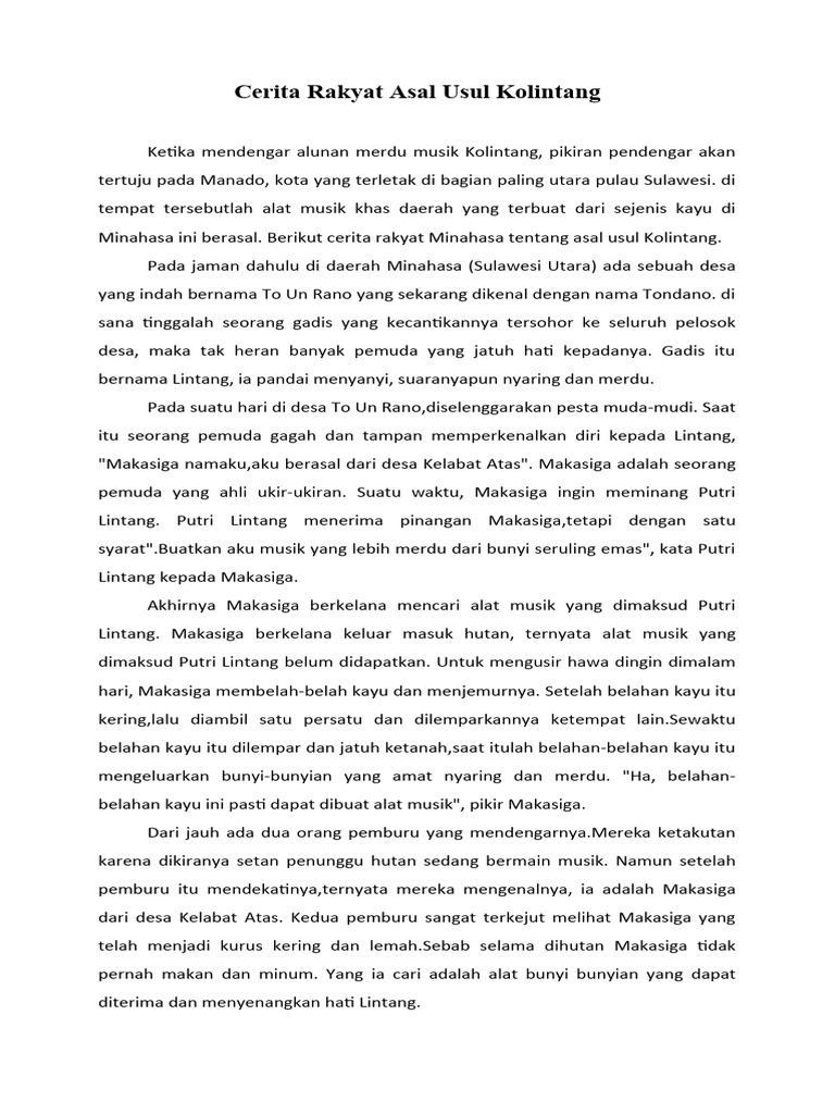 Cerita Rakyat Asal Usul Kolintang Dan Sigarlaki Dan Limbat | PDF