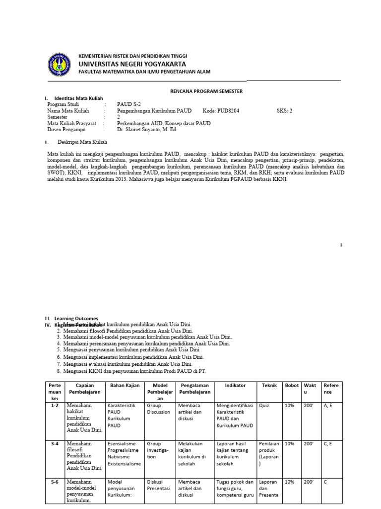 Rps Pengembangan Kurikulum Paud - 0 | PDF