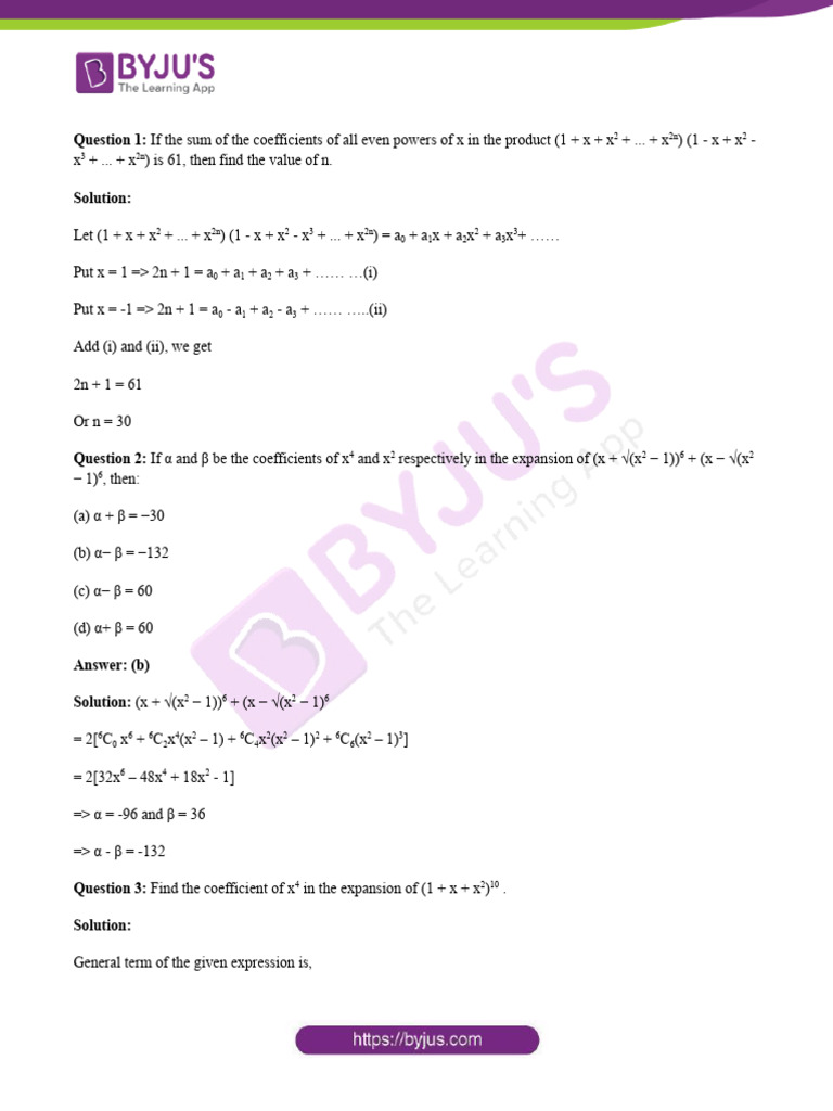 Binomial Theorem JEE Previous Year Questions With Solutions | PDF