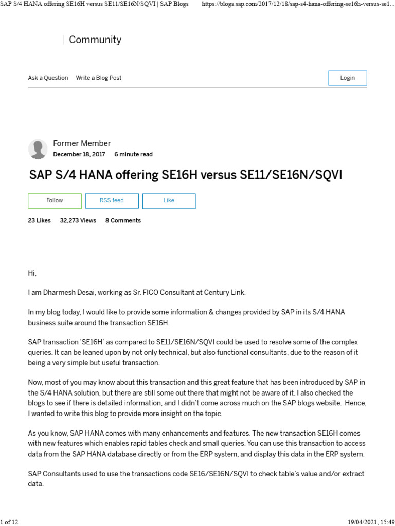 SAP S4HANA FinanceSE16H Versus SE11 - SE16N - SQVI | PDF