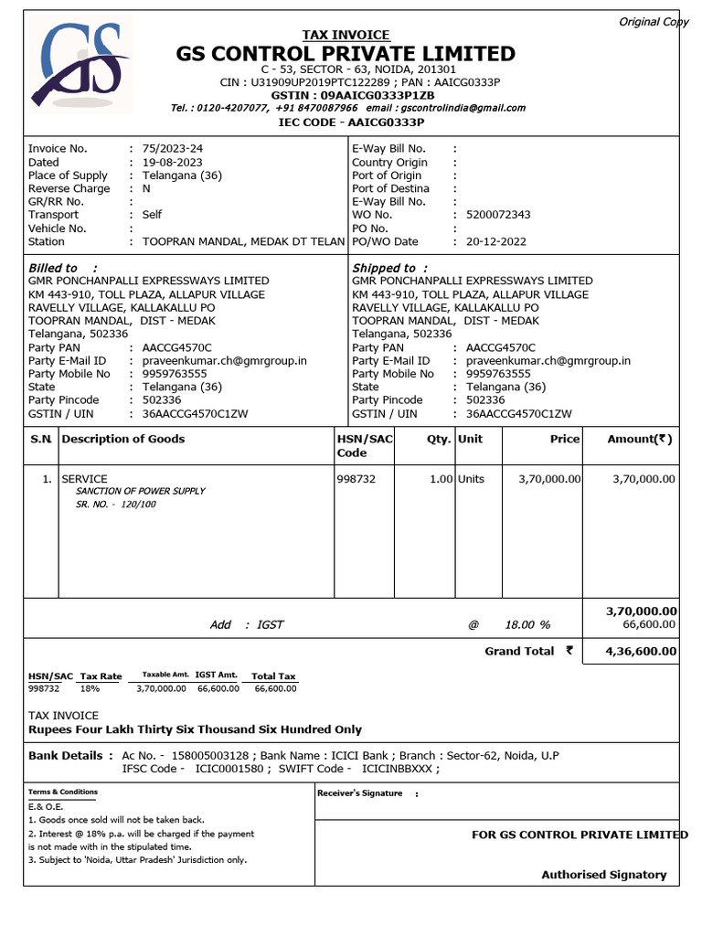 Gs Control Private Limited: Tax Invoice | PDF