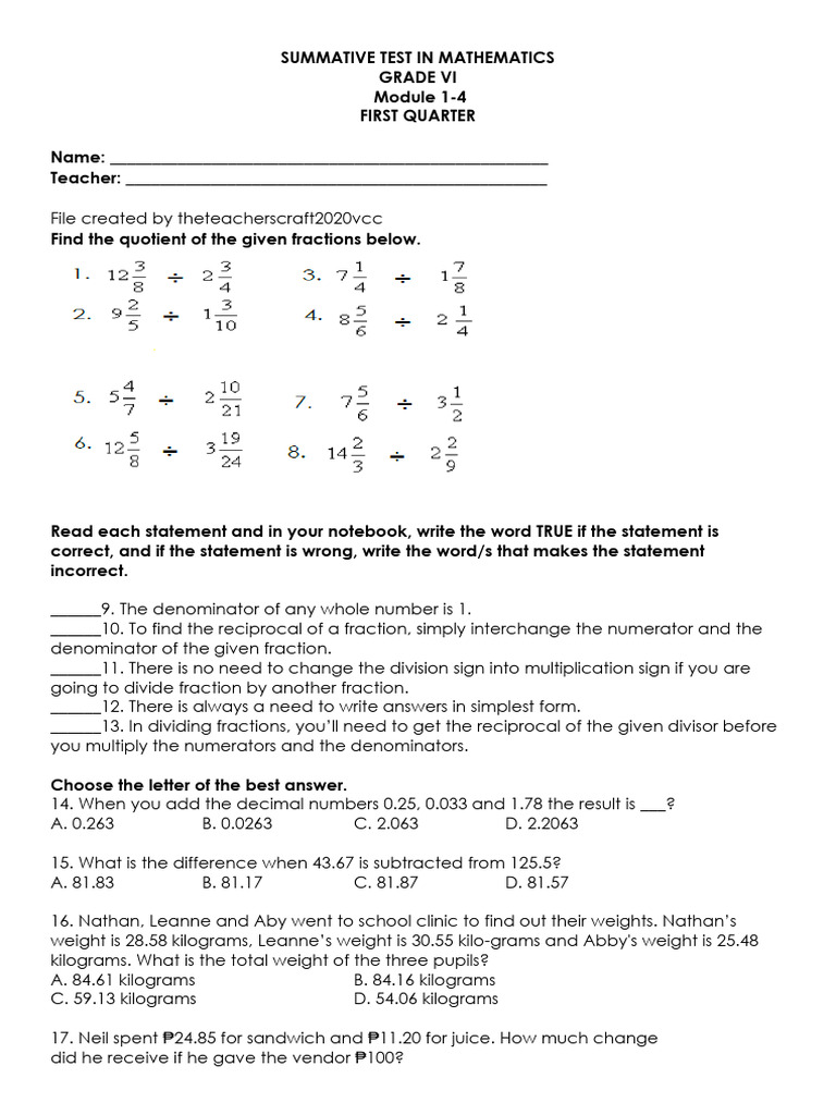 Summative Test in Mathematics | PDF