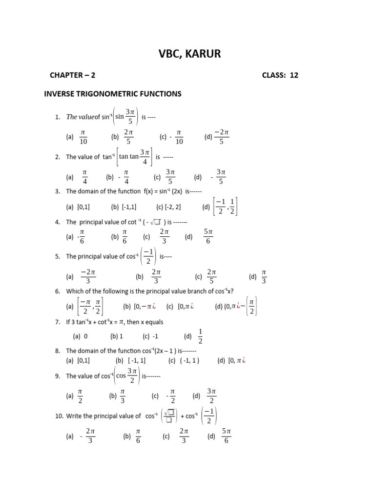 Inverse Trigonometric Functions MCQs | PDF