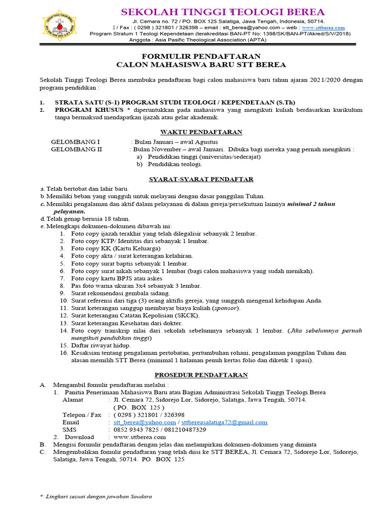 Fomulir Pendaftaran Mahasiswa STT Berea | PDF