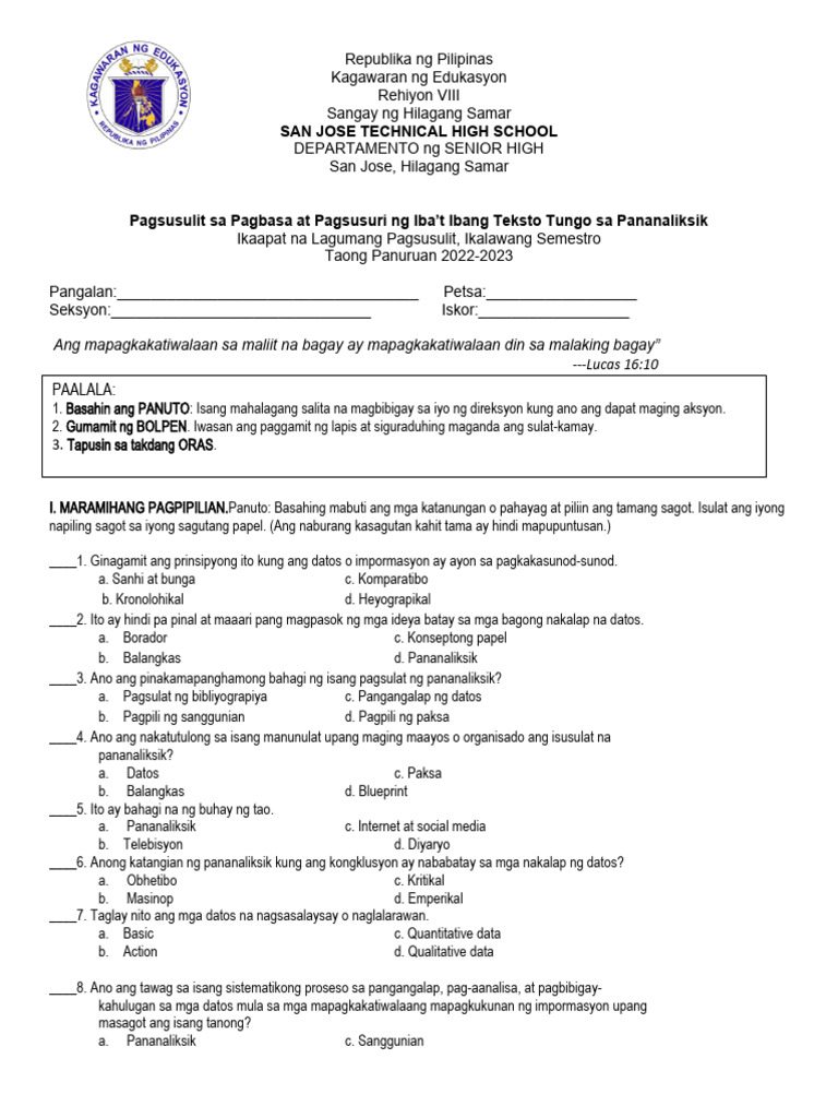 Lagumang Pagsusulit Sa Pagbasa at Pagsusuri Kwarter 4 | PDF