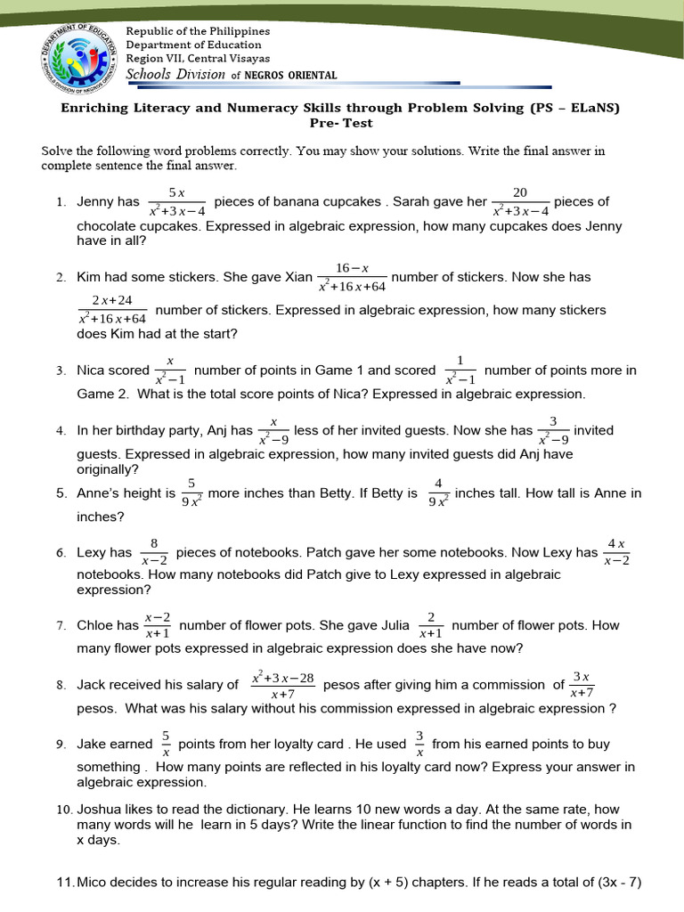 Grade 8 Enriching Literacy and Numeracy Skills Through Problem Solving ...