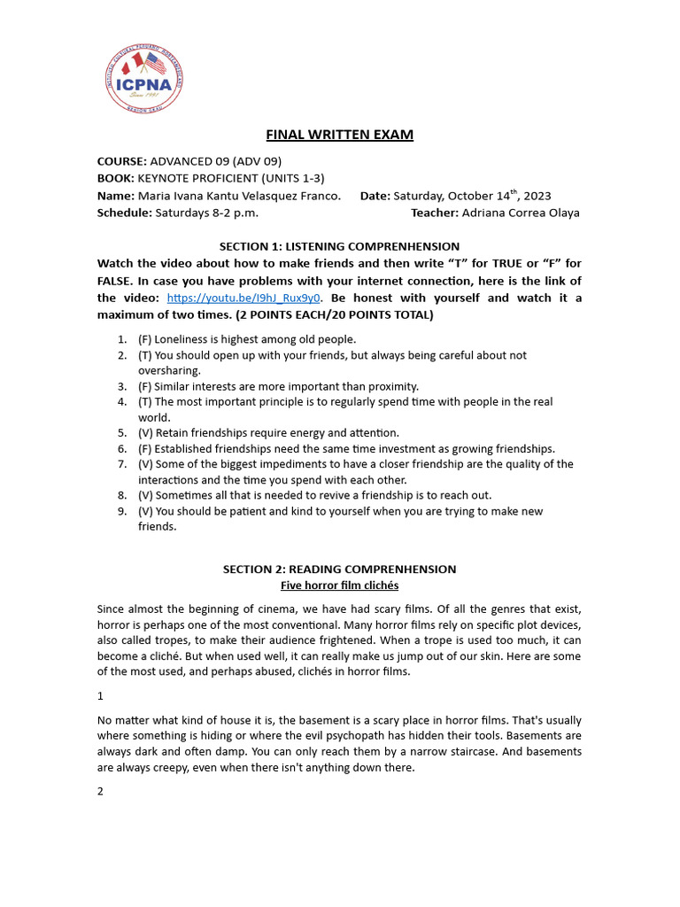 FINAL EXAM - ADV09 (Velasquez Franco) | PDF | Horror Films