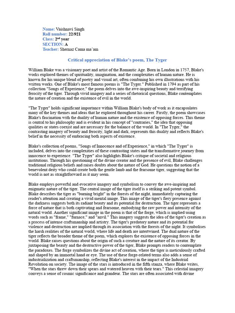 Tyger - William Blake Assignment | PDF
