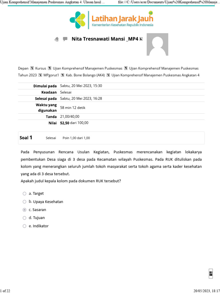 Ujian Komprehensif Manajemen Puskesmas Angkatan 4 Ulasan Hasil Pengerjaan Kuis | PDF