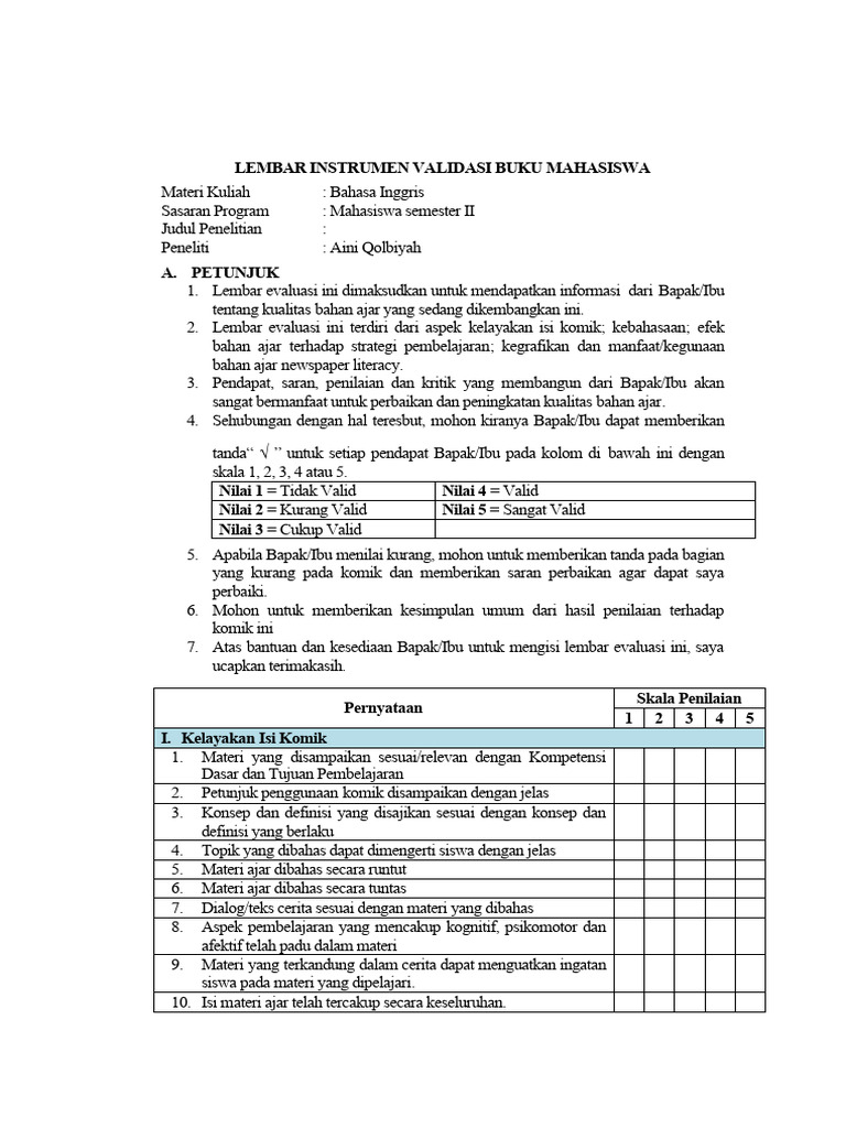 Lembar Instrumen Validasi Buku Mahasiswa | PDF