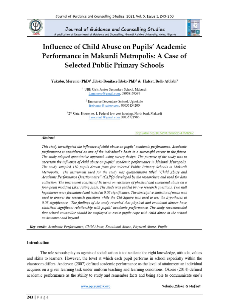 Influence of Child Abuse On Pupils' Academic Performance in Makurdi ...