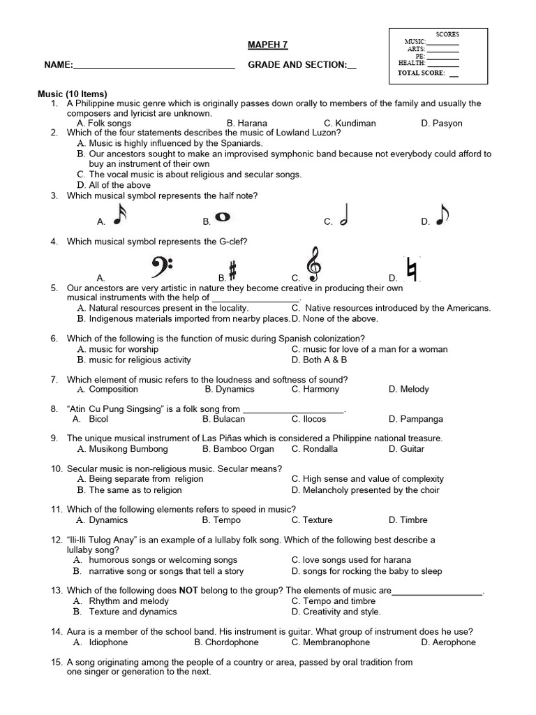 GRADE 7 MAPEH 1st Quarter Exam | PDF