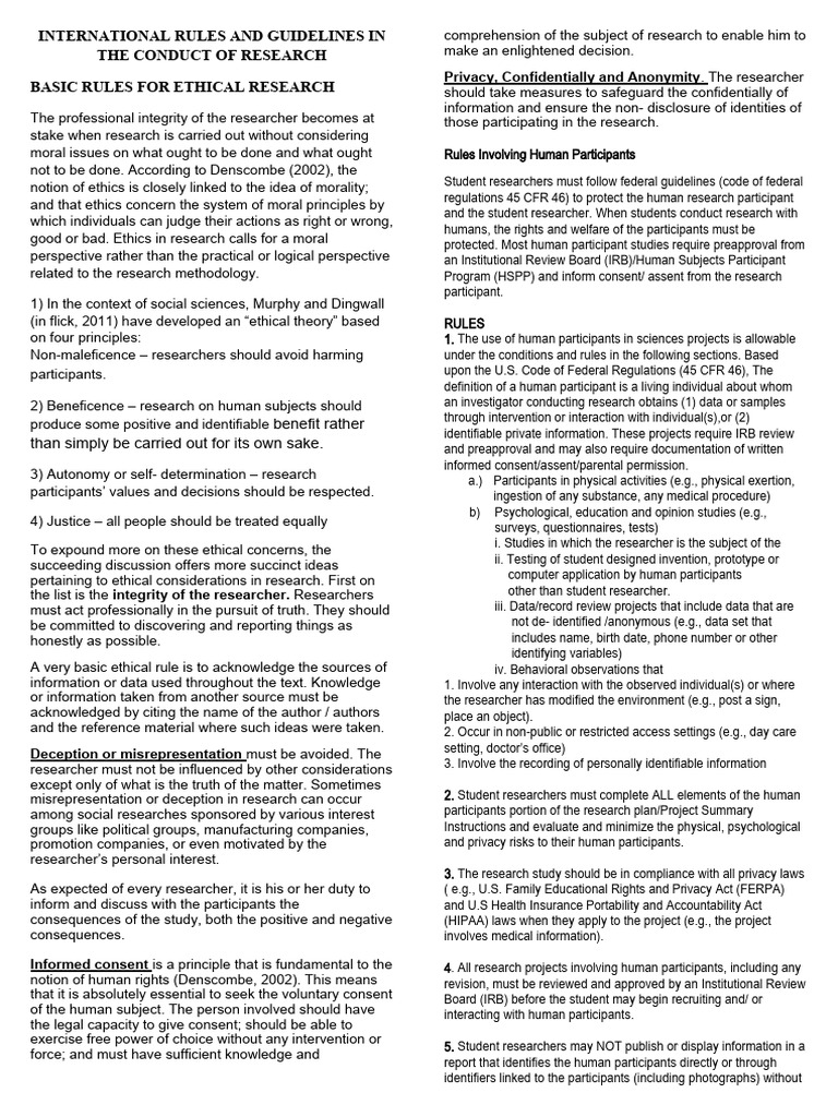 International Rules and Guidelines in The Conduct of Research | PDF