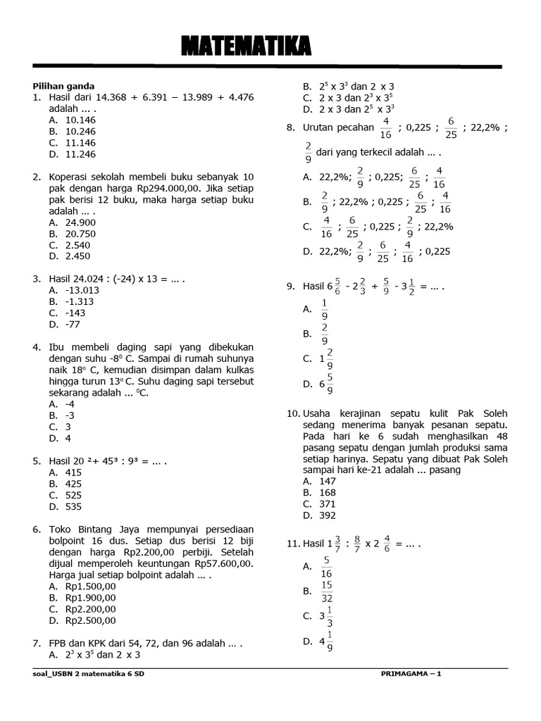 Soal Usbn 2 Mat | PDF