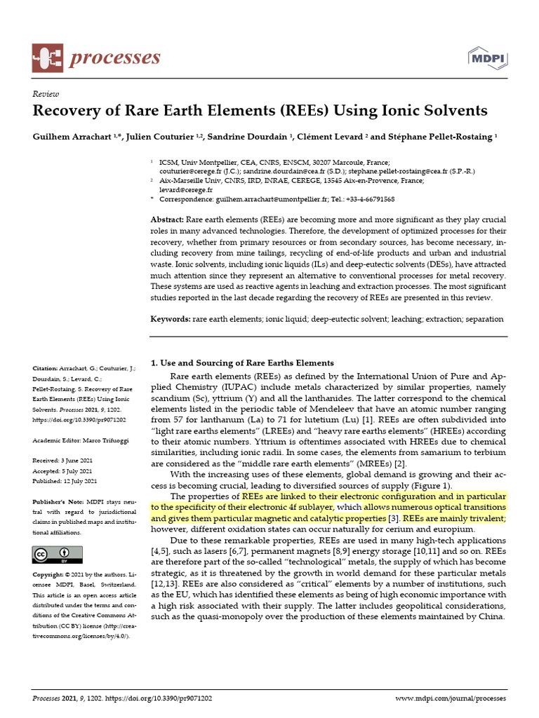 (Arrachart, 2021) Recovery of REE Using Ionic Solvents | PDF