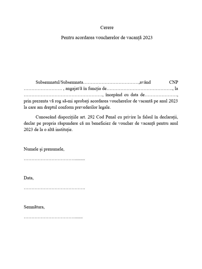 Cerere Acordare Vouchere 2023-Noi Angajati | PDF