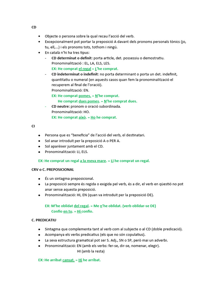 Resum Dels Complements Verbals (Sintaxi) | PDF