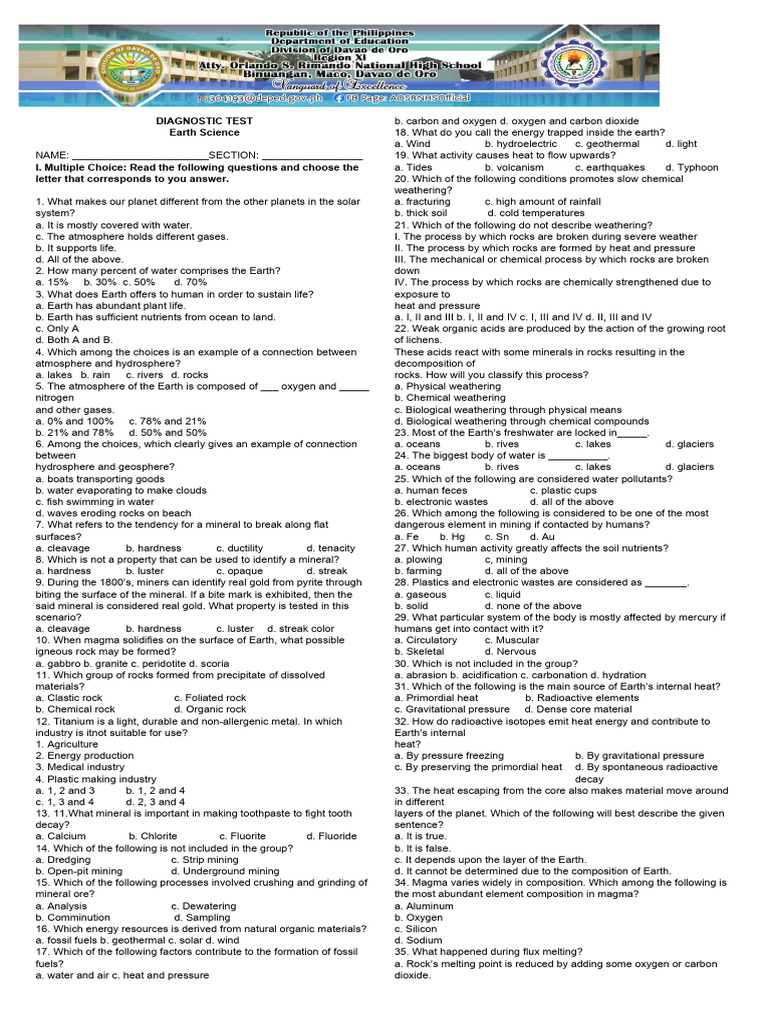 Earth Science Diagnostic Exam 2021-2022 | PDF