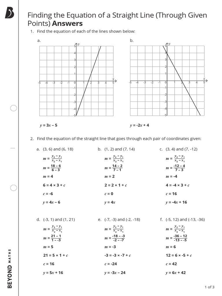 Finding The Equation of A Straight Line (Through Given Points) - Answers | PDF