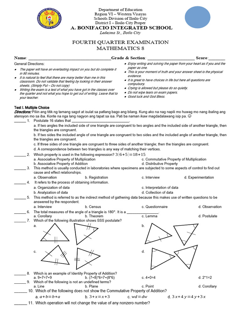 Fourth Quarter Exam Math 8 | PDF
