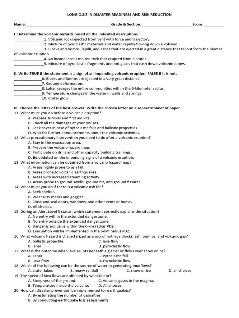Long Quiz in Disaster Readiness and Risk Reduction | PDF