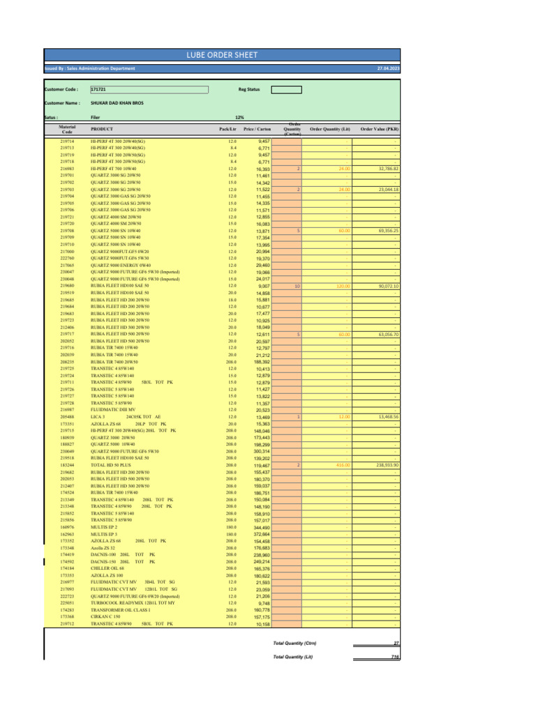 Updated Lube Order Sheet - 01 Aug, 2023 (For Retail) | PDF