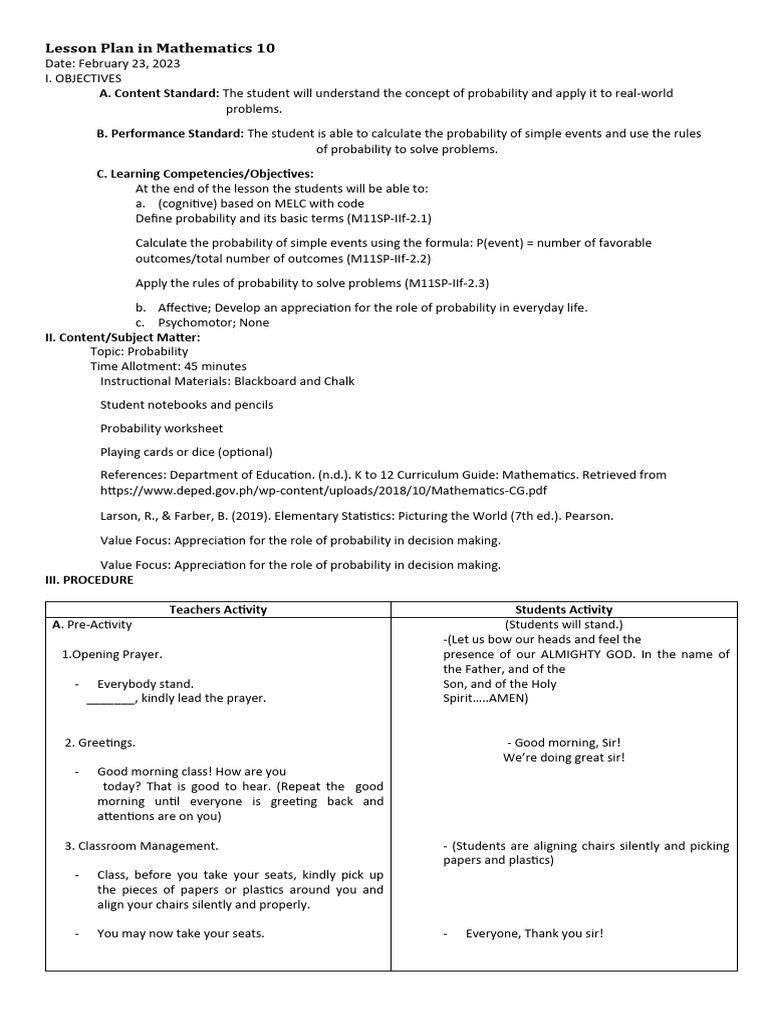Probability Lesson Plan for Grade 10 | PDF