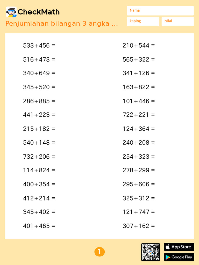 Penjumlahan Bilangan 3 Angka Dan Bilangan 3 Angka (Soal Mendatar) | PDF