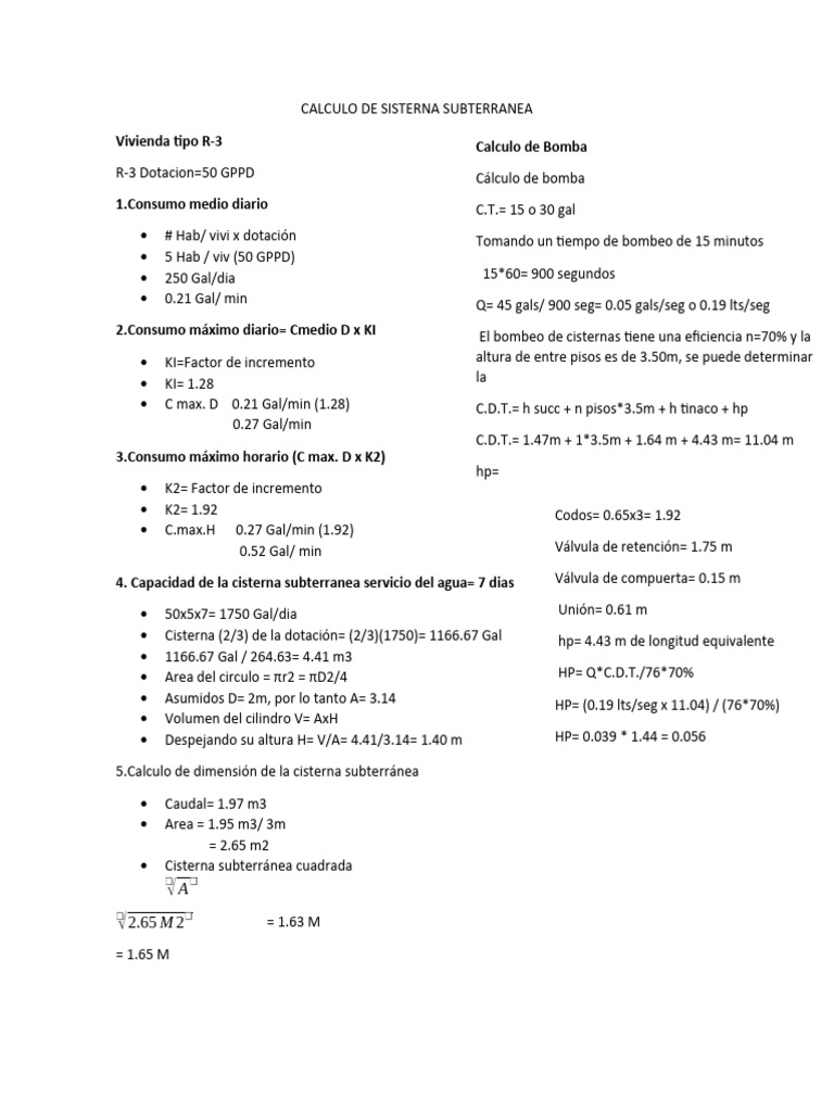 CALCULO DE SISTERNA SUBTERRANEA-Omar Rolly | PDF