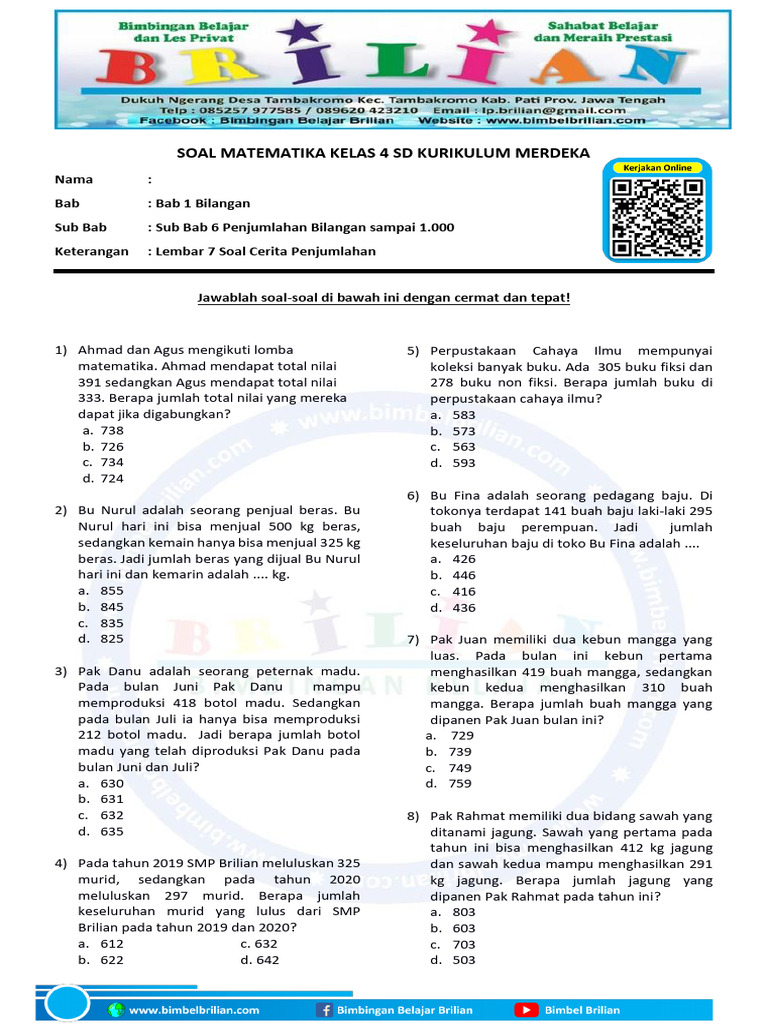 Soal Matematika Kelas 4 SD Soal Cerita Penjumlahan Sampai 1.000 Lembar 7 | PDF