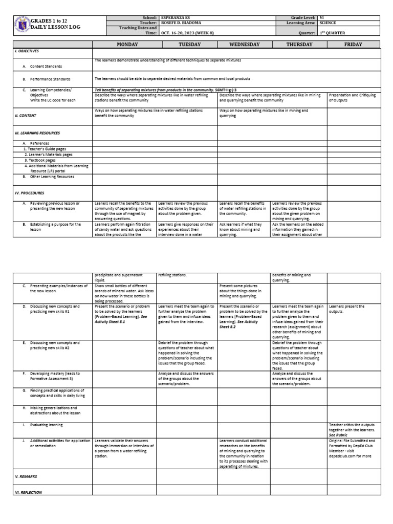 DLL - Science 6 - Q1 - W8 | PDF
