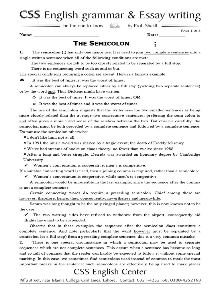 The Use of Colon and Semi-Colon | PDF