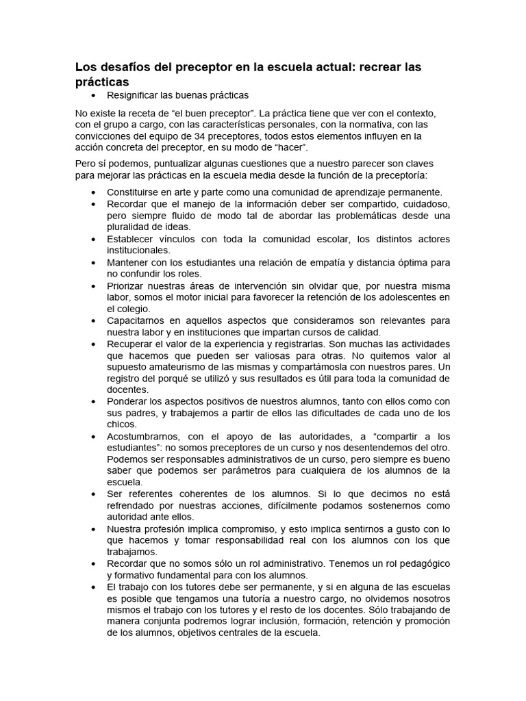 Los Desafíos Del Preceptor en La Escuela Actual 5 | PDF