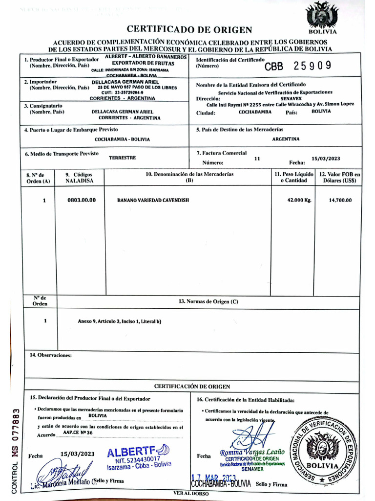 Certificado de Origen | PDF