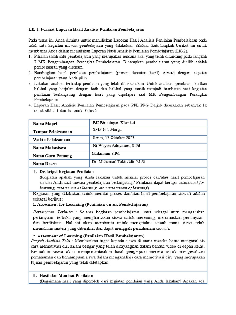 Format Hasil Asesmen Pembelajaran | PDF