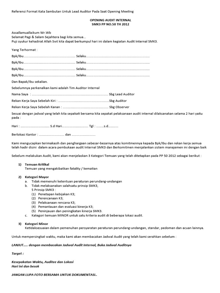 Contoh Standar Opening Audit SMK3 2017 | PDF