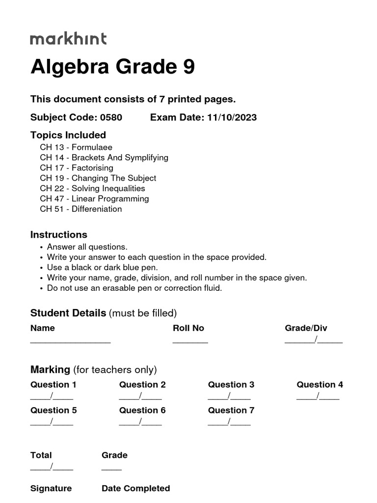Algebra Grade 9 | PDF
