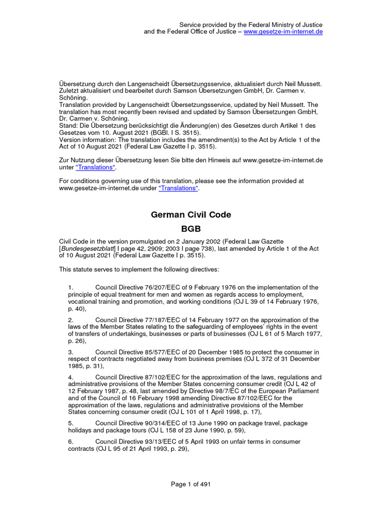 German Civil Code Englisch - BGB | PDF