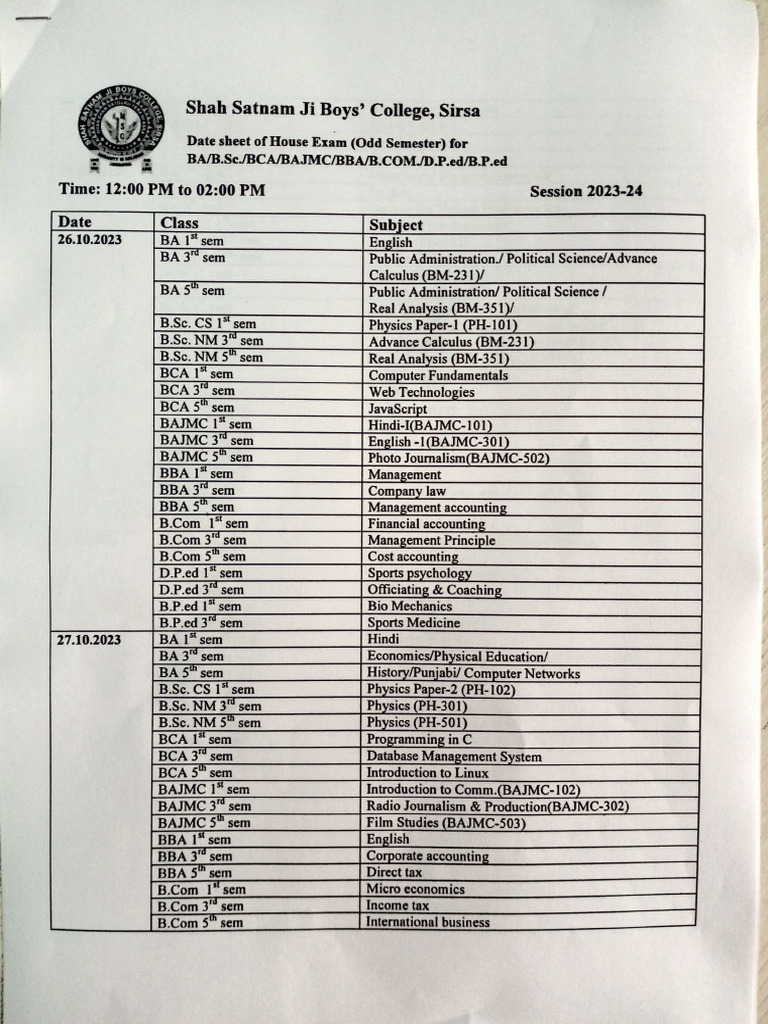 House Exam Date Sheet 2023-24 | PDF | Scanning Electron Microscope ...