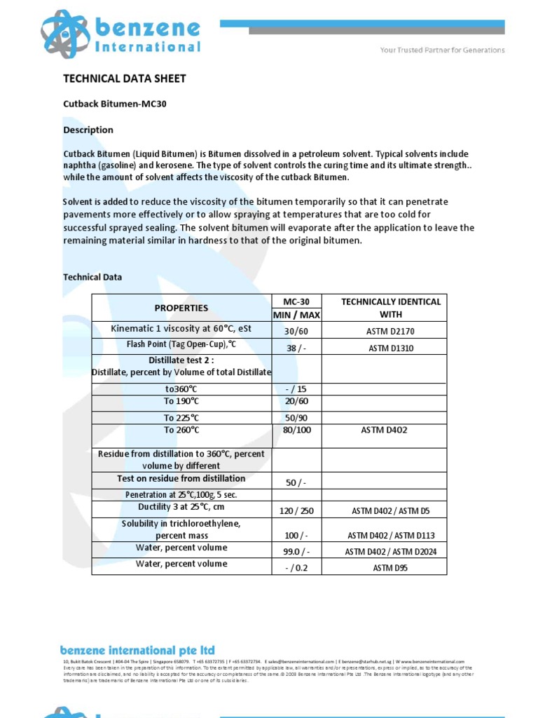 Technical Data Sheet-Cut Back Bitumen MC30 | PDF | Asphalt | Petroleum