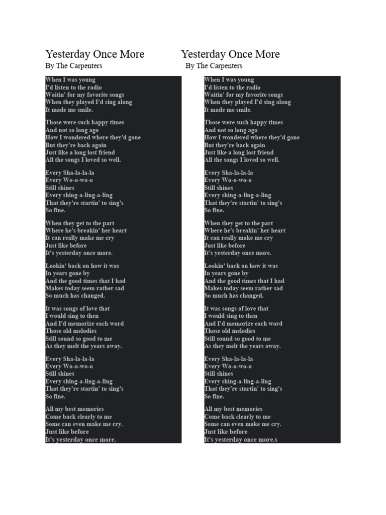 Yesterday Once More Lyrics | PDF