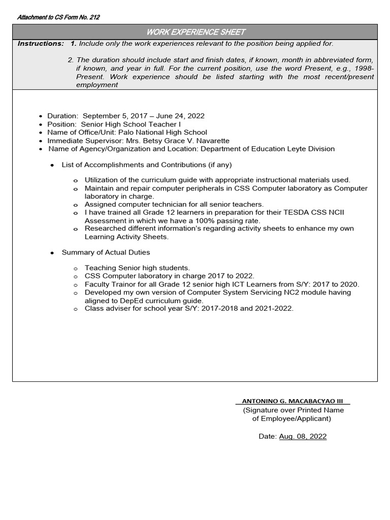 CS Form No. 212 Attachment - Work Experience Sheet SY2021-2022 | PDF