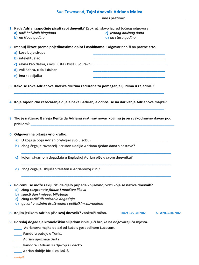 Sue Townsend, Tajni Dnevnik Adriana Molea - Listić | PDF