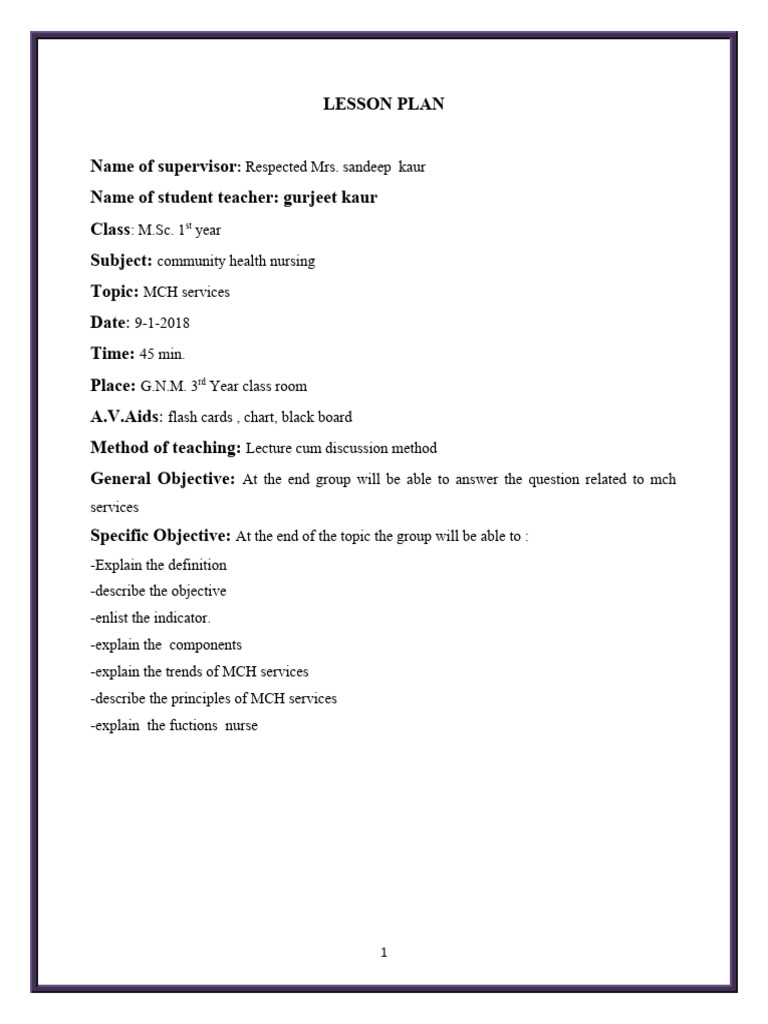 LESSON PLAN. On MCH Servicesdocx | PDF
