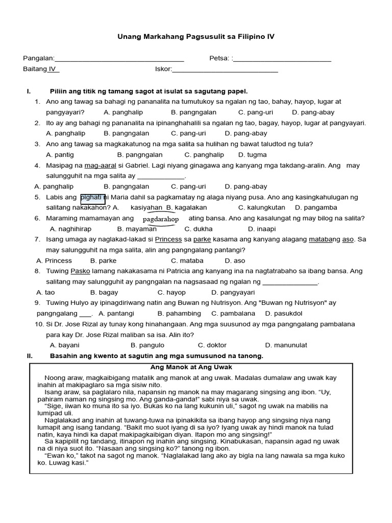 Periodical Test - FILIPINO 4 - Q1 | PDF